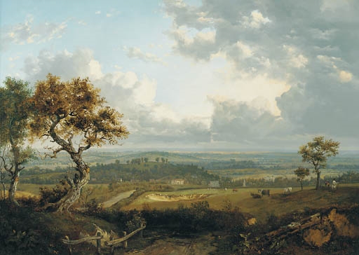 Patrick Nasmyth | An extensive landscape with figures and cattle in the foreground and a village ...