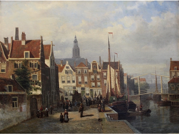 John Frederik Hulk | A BUSY WATERFRONT IN A DUTCH TOWN | MutualArt