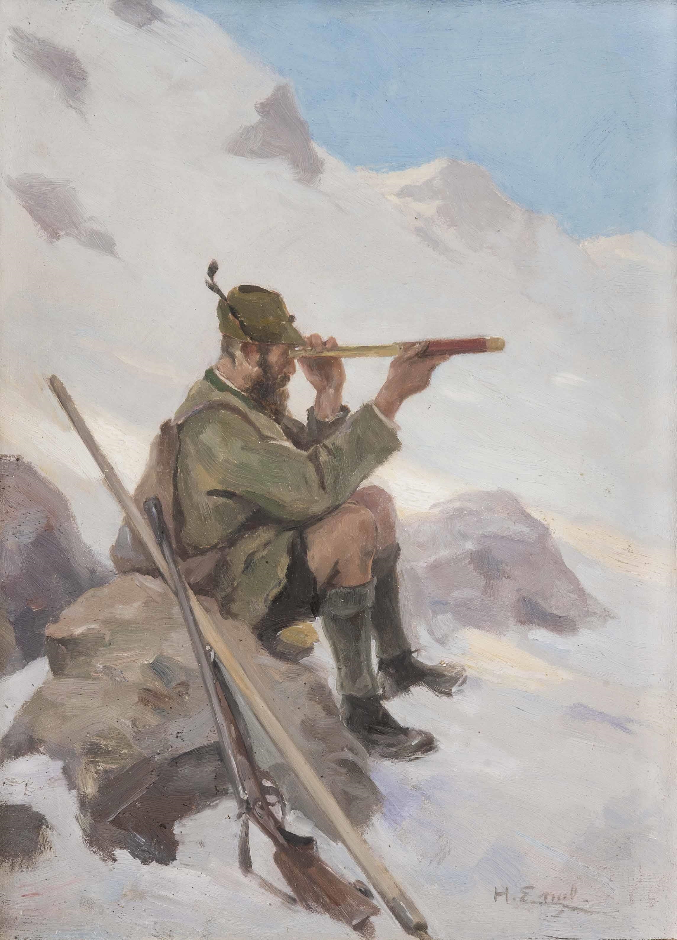 Hugo Engl | Jäger mit Fernrohr im Hochgebirge | MutualArt