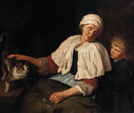 Jan van Pee | An elderly woman with a boy and a cat in an interior ...