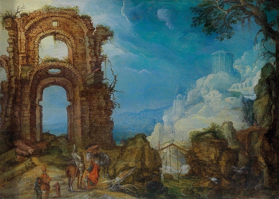Mattheus Molanus | A landscape with Roman ruins and a temple on a hil ...