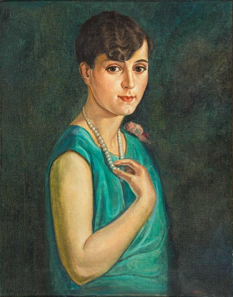 Erwin Hubert | Portrait einer Frau im grünen Kleid mit Perlenkette ...