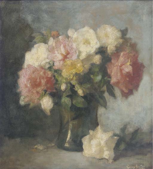 Georg Rueter | Pink and white roses in a glass vase | MutualArt
