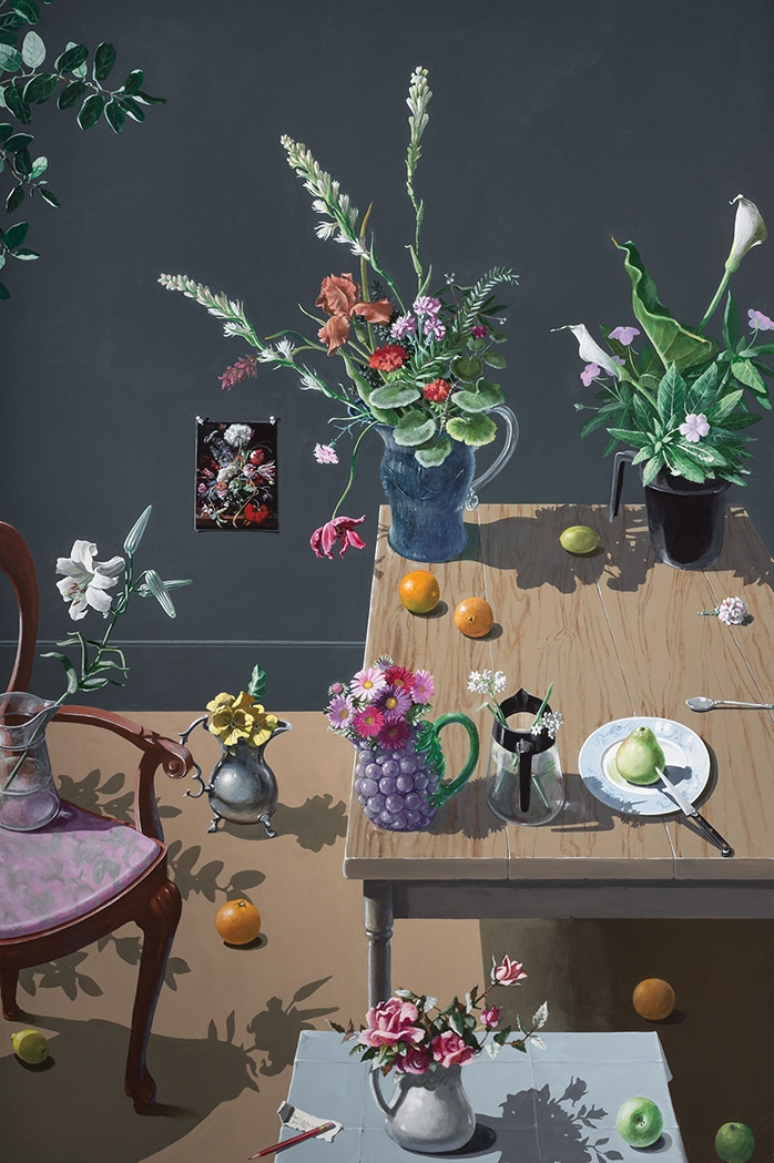 Paul Wonner | Dutch Still Life with Flowers in Pitchers, Two Tables and ...