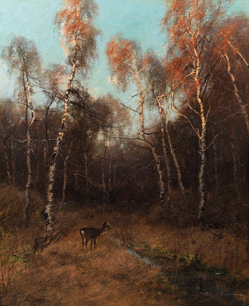 August Fink | A birch forest with a deer by a stream | MutualArt