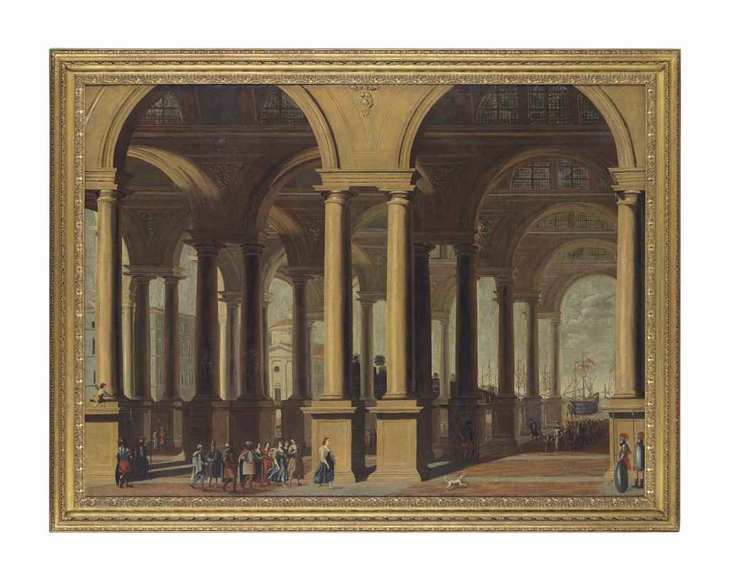 Viviano Codazzi | An architectural capriccio with figures, a port with ...