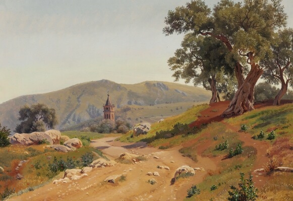 Frederik Carl Julius Frederik | landscape with a view of a tower in the ...