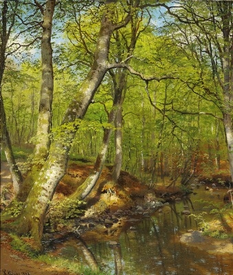 Peder Mork Monsted | Brook in a spring forest with new-leaved beech trees (1882) | MutualArt