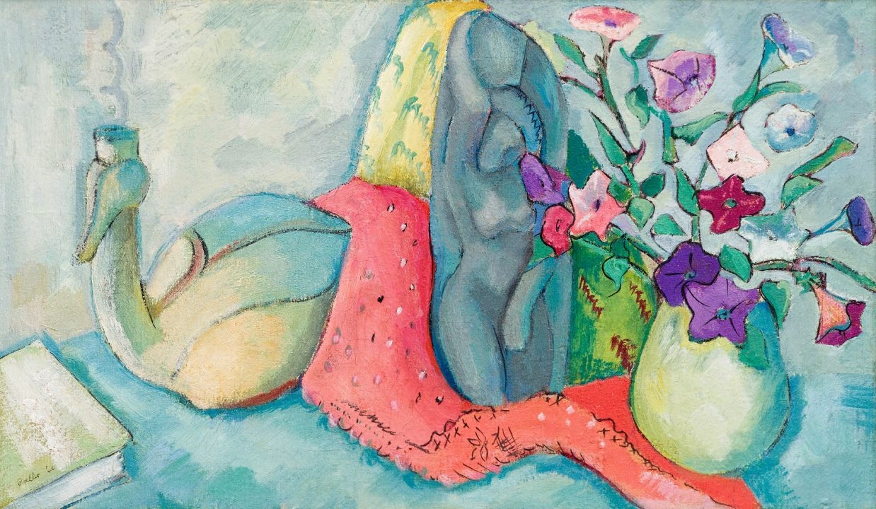 Alexis Preller | Still Life with Barotse Vessel, Red Cloth and Petunias ...