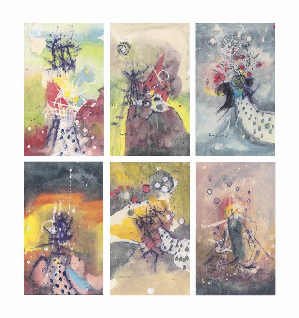 Ahmed Parvez | Abstract composition with black birds and minaret at top ...