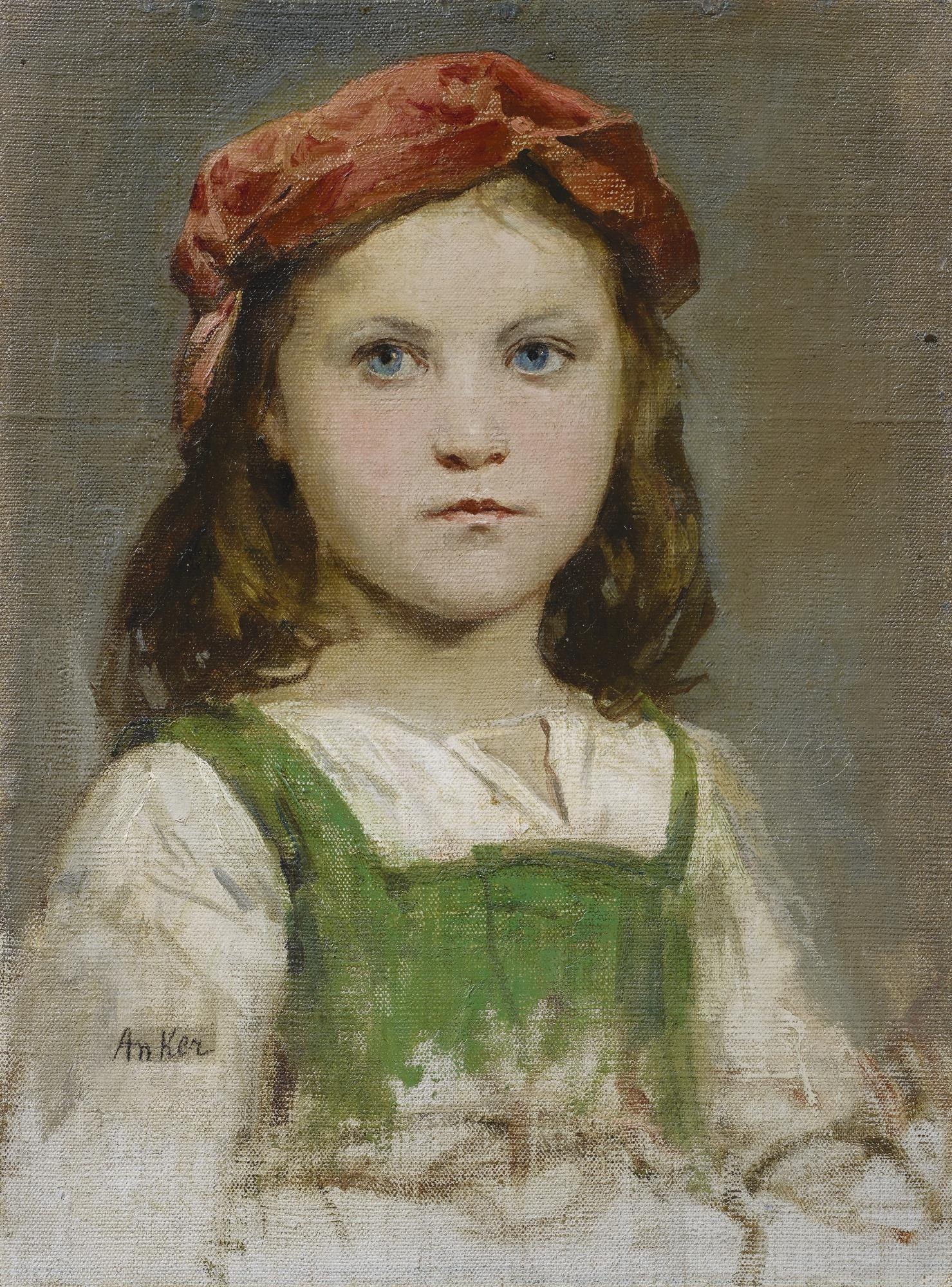 Albert Anker | Mädchenbildnis mit Roter Kopfbedeckung (1879) | MutualArt