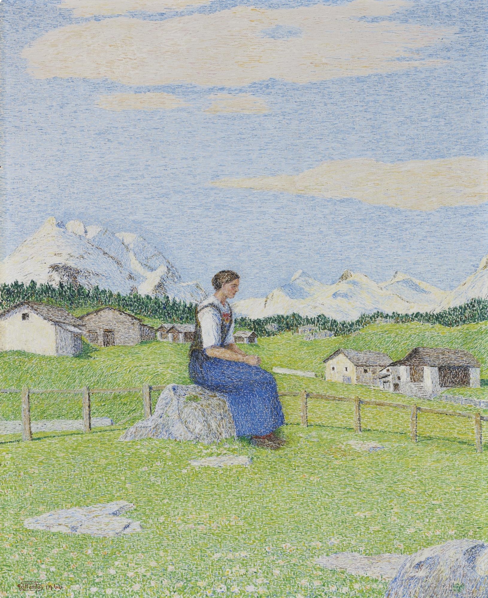 Gottardo Segantini | Junge Engadinerin vor Gebirgslandschaft (1966 ...