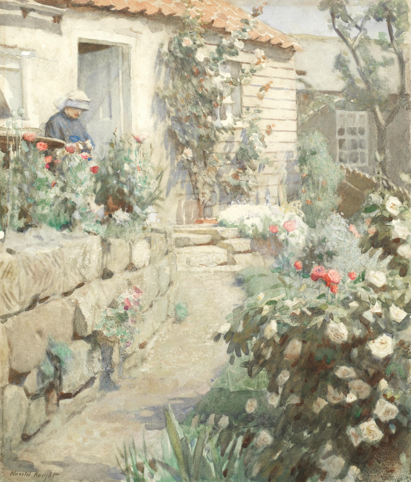 Harold Knight | A figure approaching a bridge on a moor, Derbyshire ...