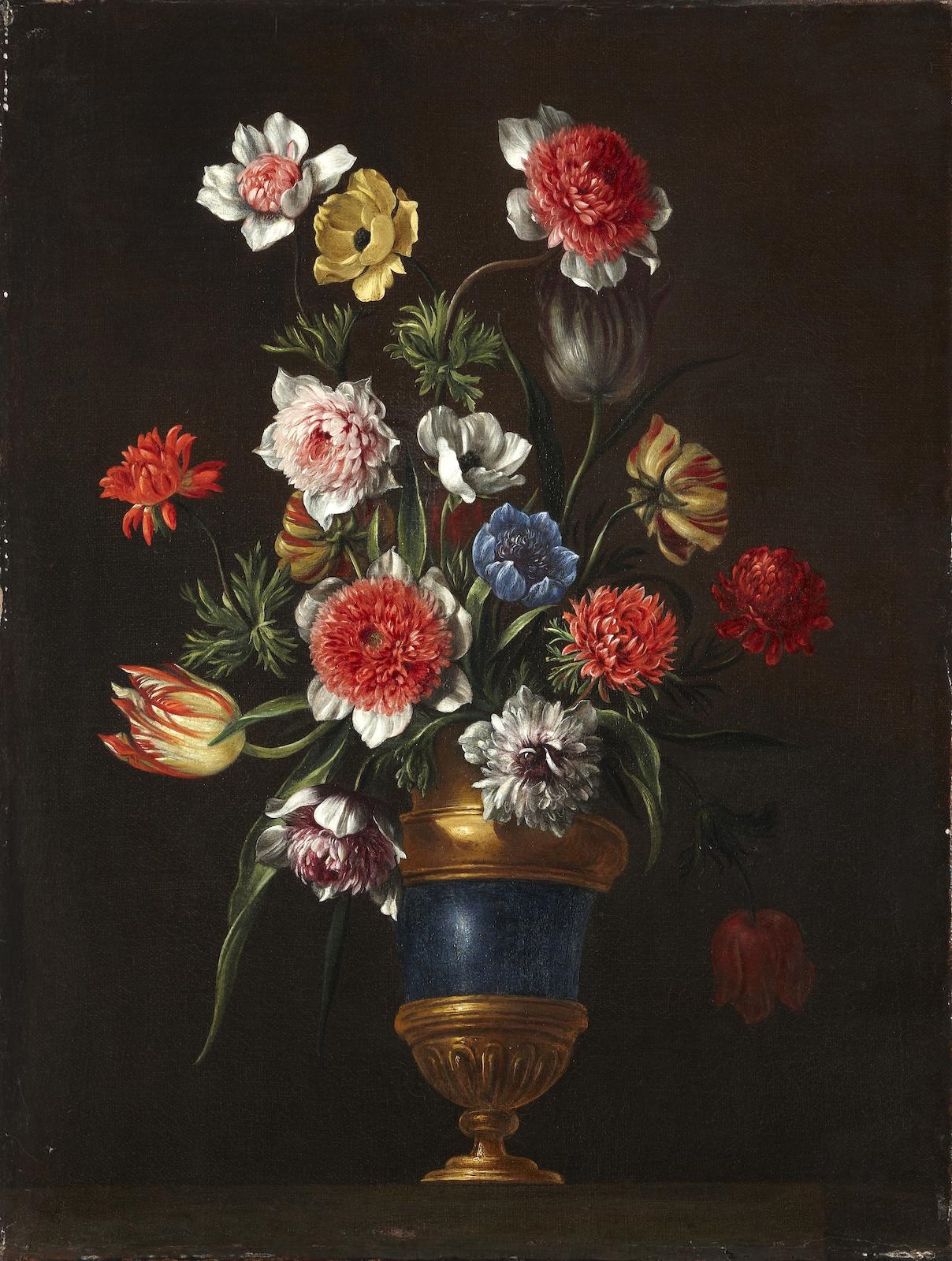 Giovanni Stanchi | 2 works: Roses in a gilt and lapis vase on a table ...