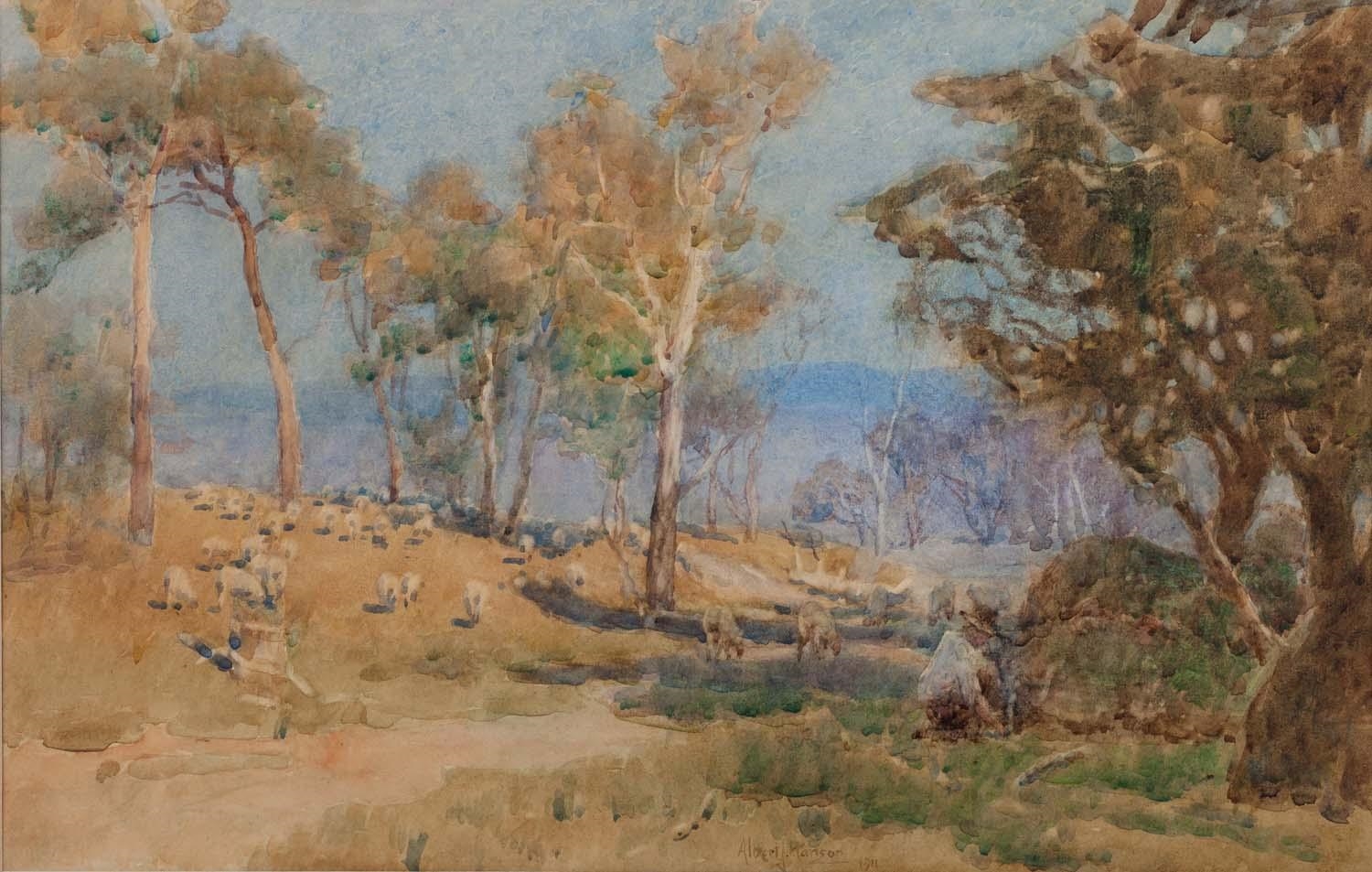Albert Hanson | Drover and Sheep in Landscape (1911) | MutualArt
