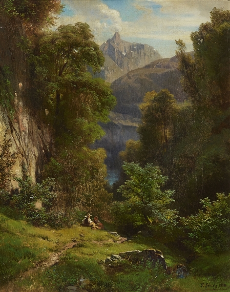 Traugott Schiess | Rastende Wanderer in Gebirgslandschaft | MutualArt