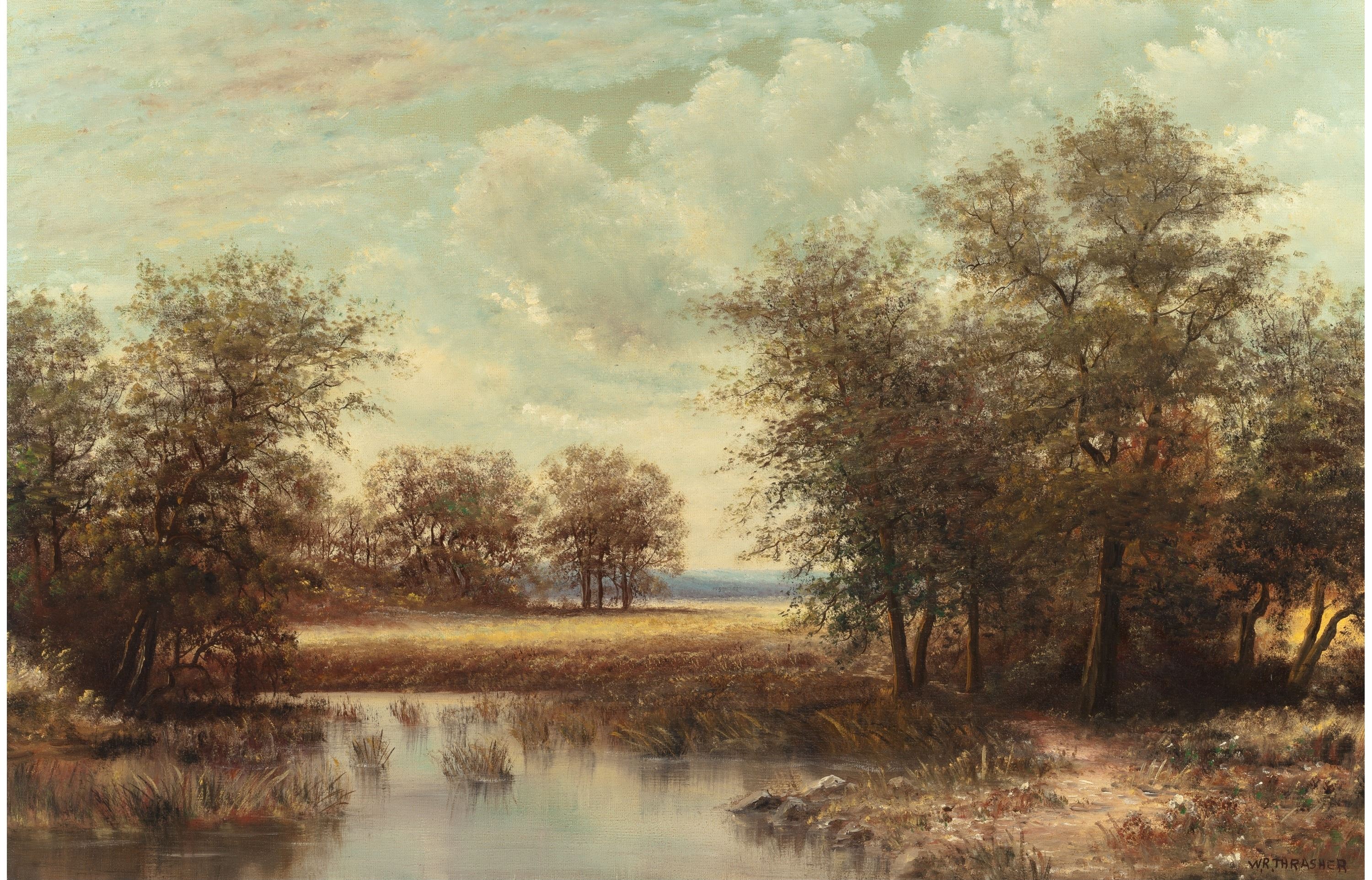 W.R. Thrasher | Sunlit Clearing with a Quiet Pond | MutualArt