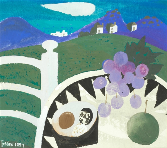 Mary Fedden | Table Top Still Life with Landscape Beyond (1987) | MutualArt