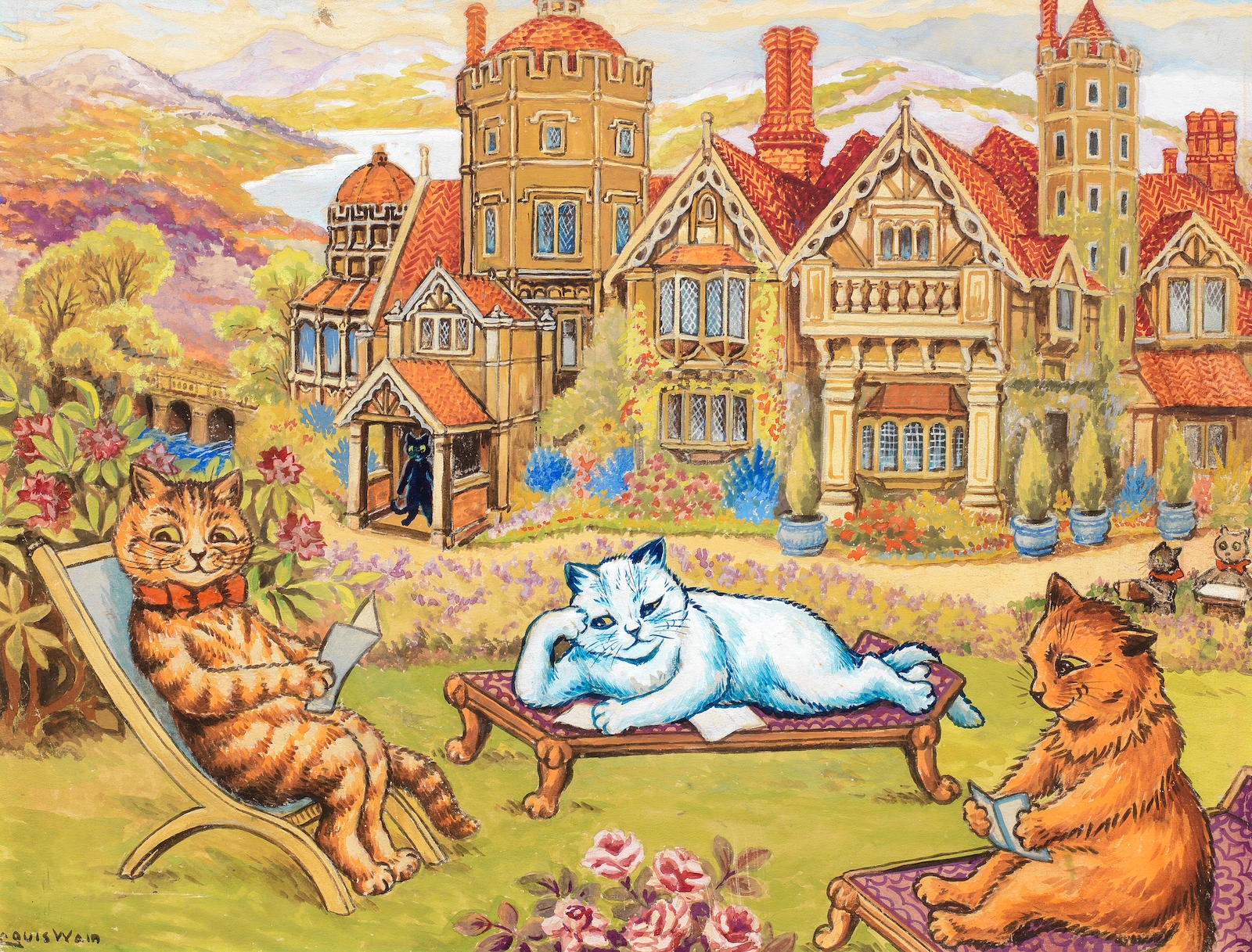 Louis Wain | Cats Relaxing in the Grounds at Napsbury | MutualArt