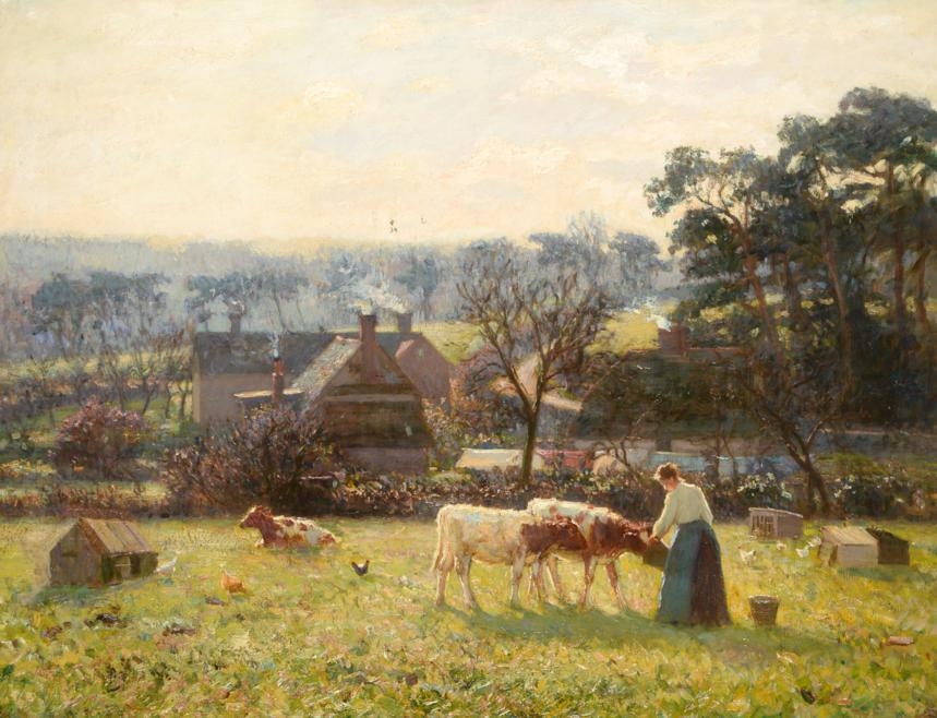 Ernest Higgens Rigg | Feeding time - Country girl tending the calves ...