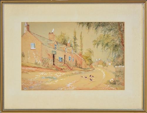 Walter Witham | Ducks Feeding by the Cottages (1929) | MutualArt
