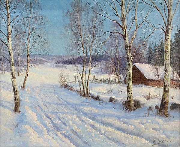 Karl Rosen | Winter Snowfall Scene with Cabin | MutualArt