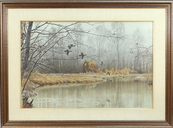 David Lockhart | Painted ducks landing on a pond | MutualArt