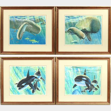 George Luther Schelling | Four whale paintings on paper (two sperm ...