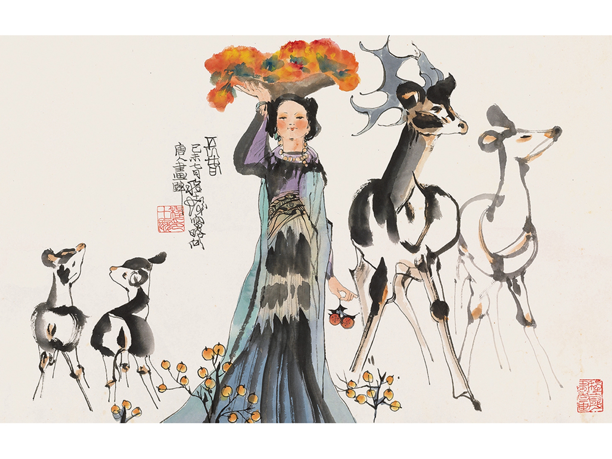 Cheng Shifa | Portrait of a lady with deers | MutualArt