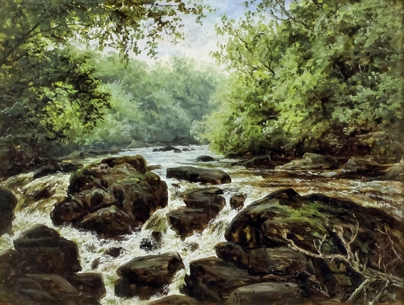 Thomas Spinks | andscape with river cascading over boulders (1880 ...