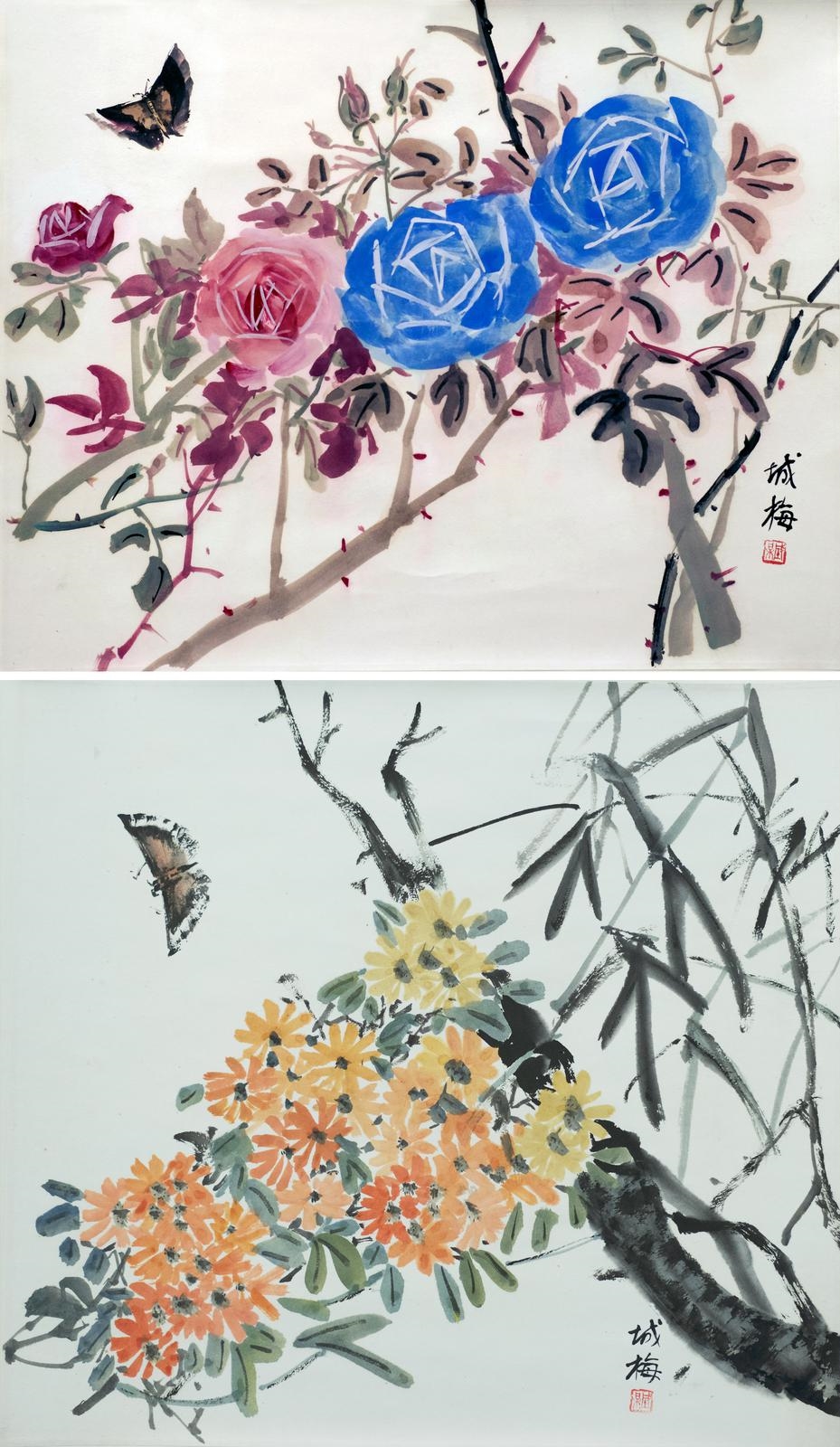 Chen Cheng Mei | 2 Works: Blue and Pink Roses, Chrysanthemum with ...
