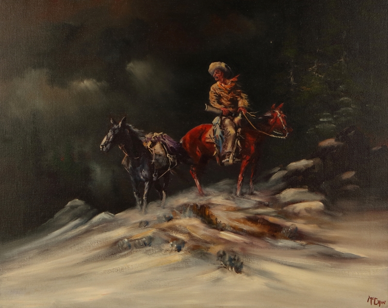 Buck McCain | Unexpected Intruder, cowboy on horseback with pack horse ...