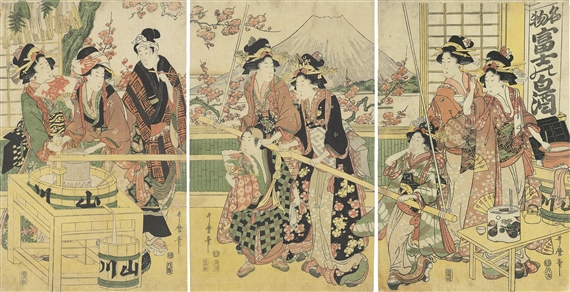 Kitagawa Utamaro II | Triptych: Famous Product: Mount Fuji White Sake ...