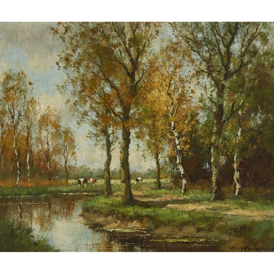 Willem Hendriks | COWS IN PASTURE BY A POND | MutualArt