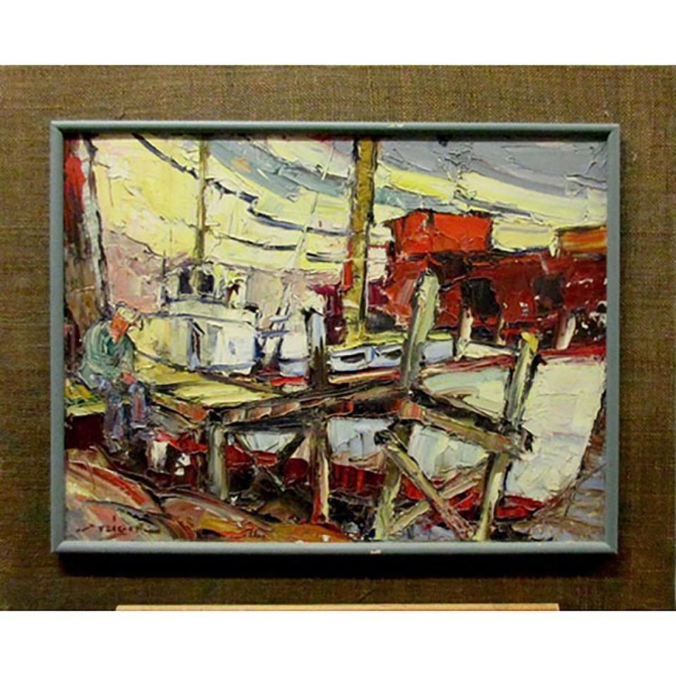 Frederick Steiger | WHARF SCENE WITH SEATED FIGURE | MutualArt