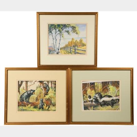 Gene Klebe | 3 works: Bear Family, Common Skunk & Birches on the Hill ...