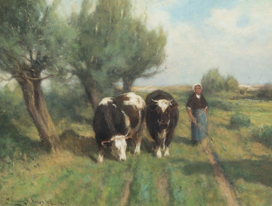 William Henry Howe | Woman walking along a sunlit path with cows ...
