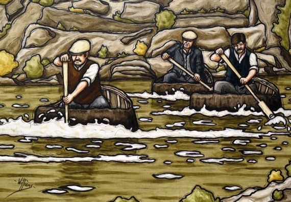 Alan Williams | Three male paddling coracles on river | MutualArt