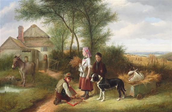 Reuben Hunt | Children with a dog and cart and a donkey at harvest time ...