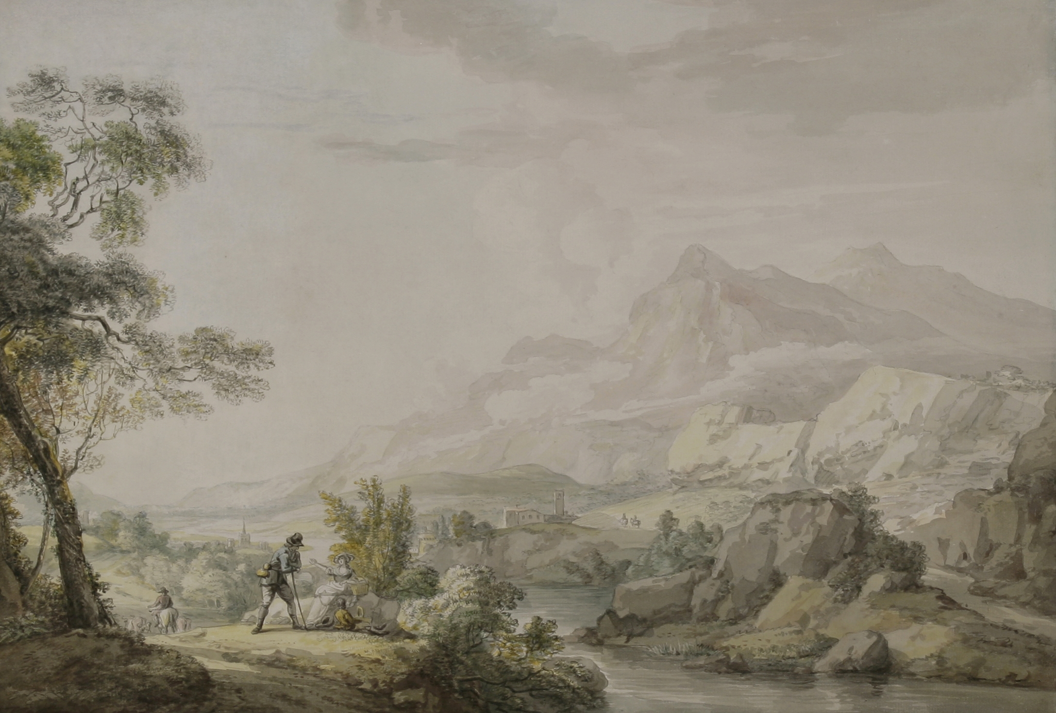 Paul Sandby | AN EXTENSIVE MOUNTAIN LANDSCAPE WITH FIGURES BY A RIVER ...