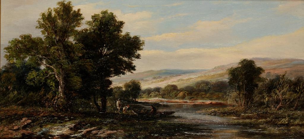 John Westall | A rural river scene with figures on the bank whilst ...