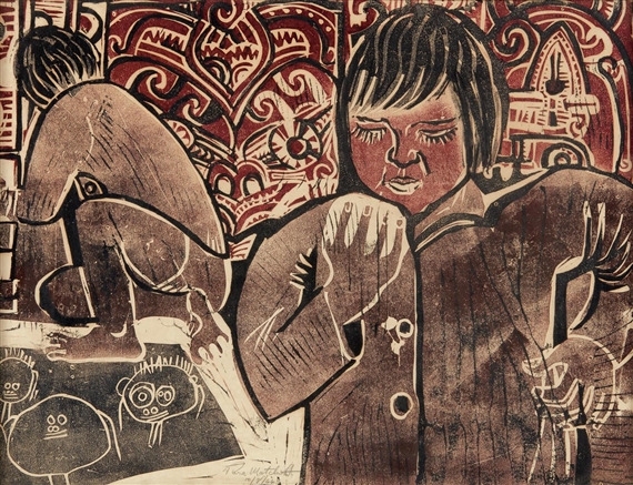 Paratene Matchitt | Children and Carvings (1964) | MutualArt