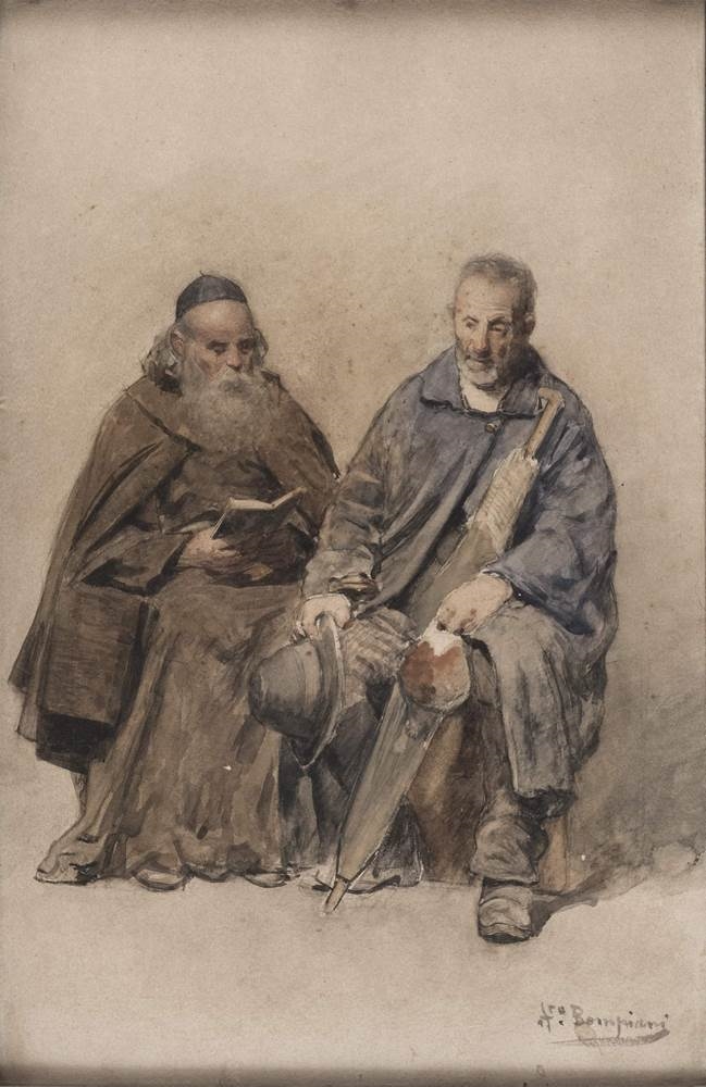 Augusto Bompiani | Frate legge il breviario ad un viandante | MutualArt