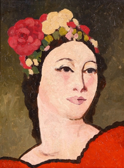 John Duncan Fergusson | Portrait of a lady in red Bears | MutualArt