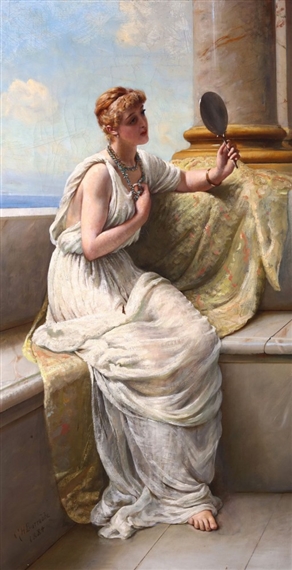 George Hamilton Barrable | A Maiden seated with a mirror (1884) | MutualArt