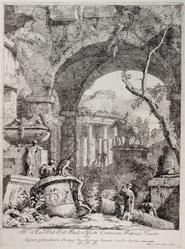 Marco Ricci | Rovine classiche con monumento equestre e tempio rotondo ...