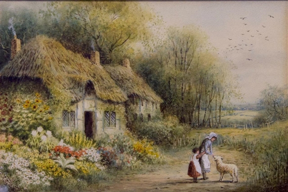 R. Thornton | untitled - mother and child near cottage | MutualArt