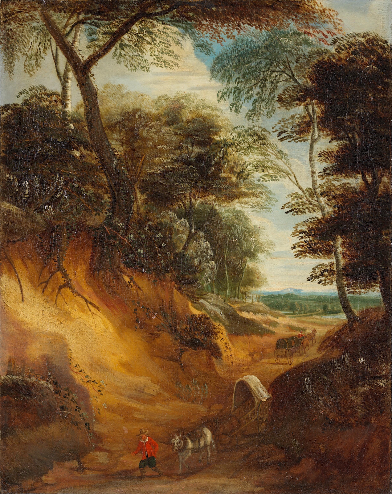 Lodewijk de Vadder | A hilly landscape with travellers and a wagon on a ...