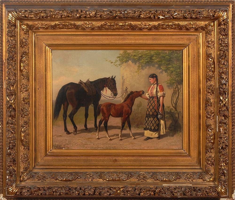Emil Volkers | Ungarisches Mädchen mit Stute und Fohlen | MutualArt