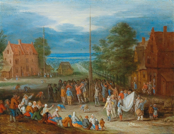 Pieter Gysels | A village scene with figures shooting the popinjay and ...